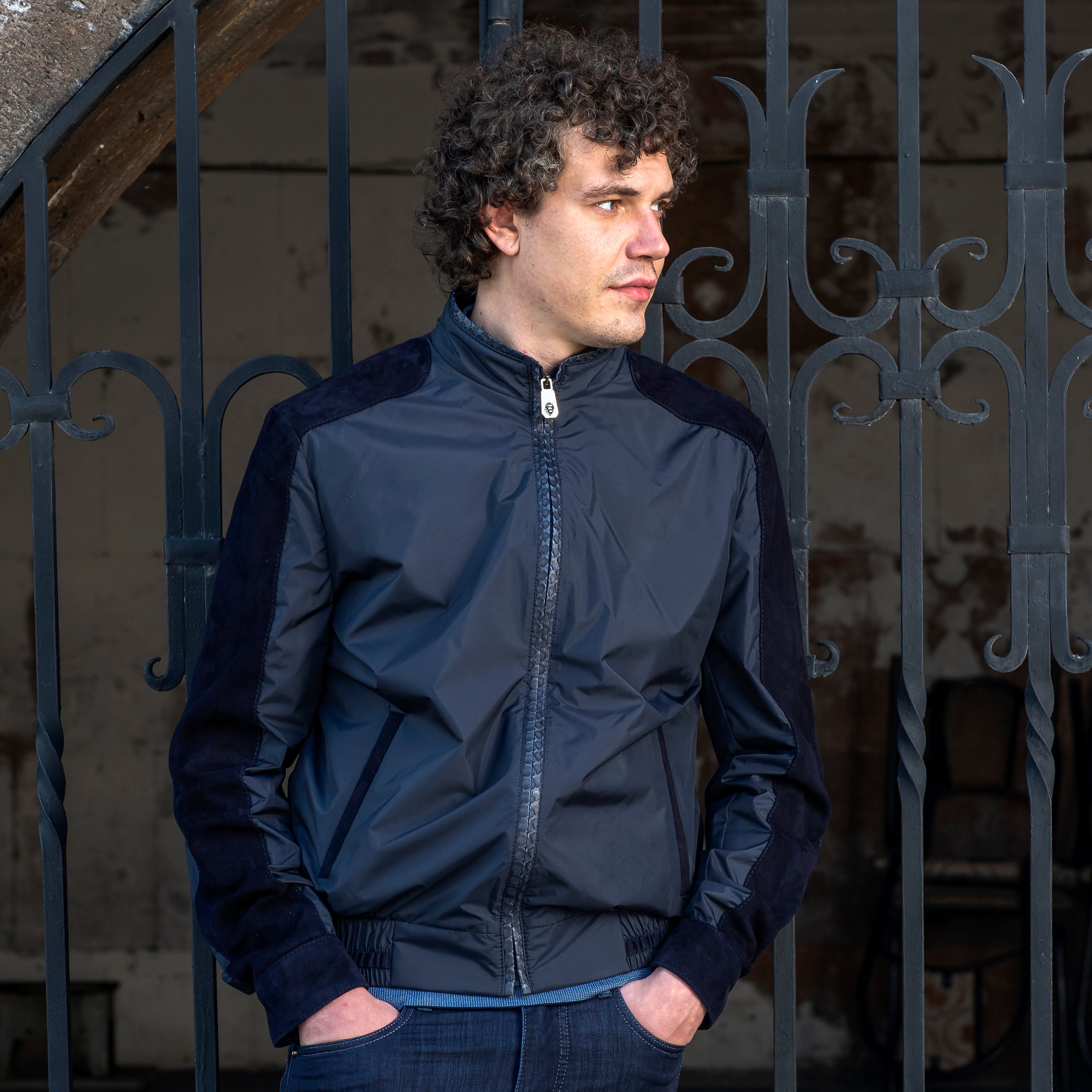 FABRIC & SUEDE BLOUSON JACKET WITH PYTHON DETAILS - Reggenza